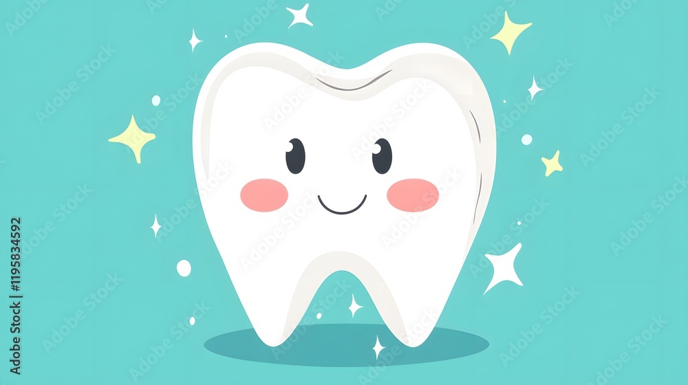Happy tooth cartoon, dental hygiene, teal background, children's health ...