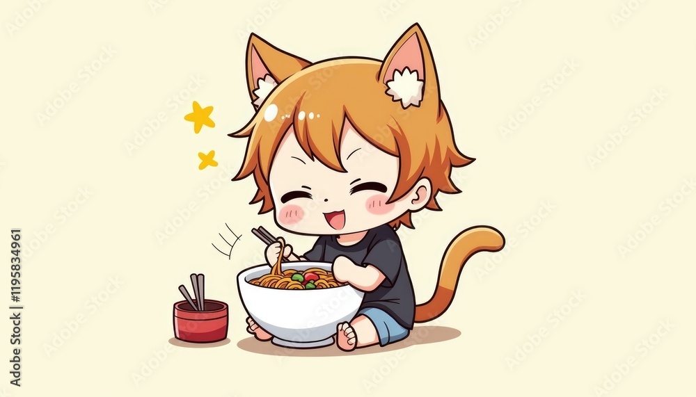 4K HD Wallpaper of Anime chibi boy with a cat tail and ears, sitting ...