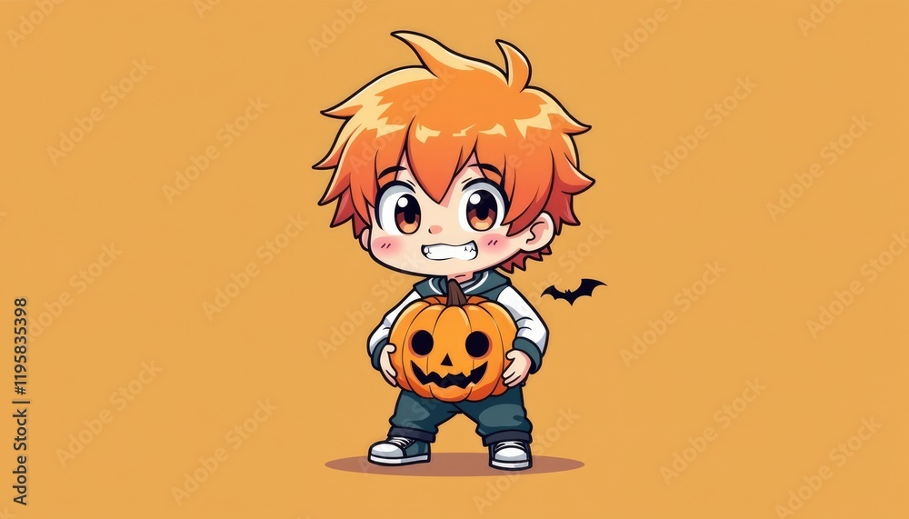 4K HD Wallpaper of Anime chibi boy with orange hair, holding a pumpkin ...