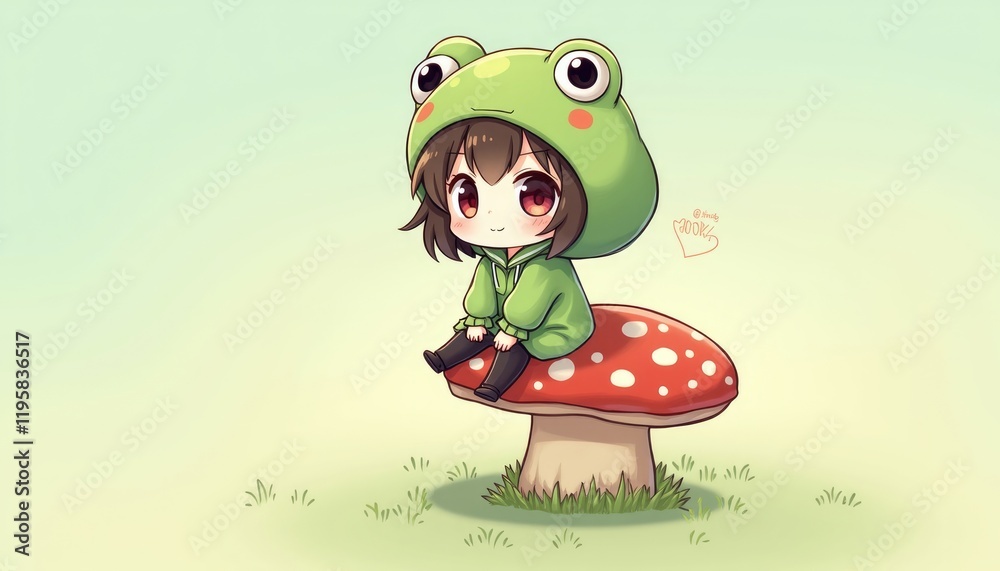 4K HD Wallpaper of Anime chibi girl with a frog hat, sitting happily on ...
