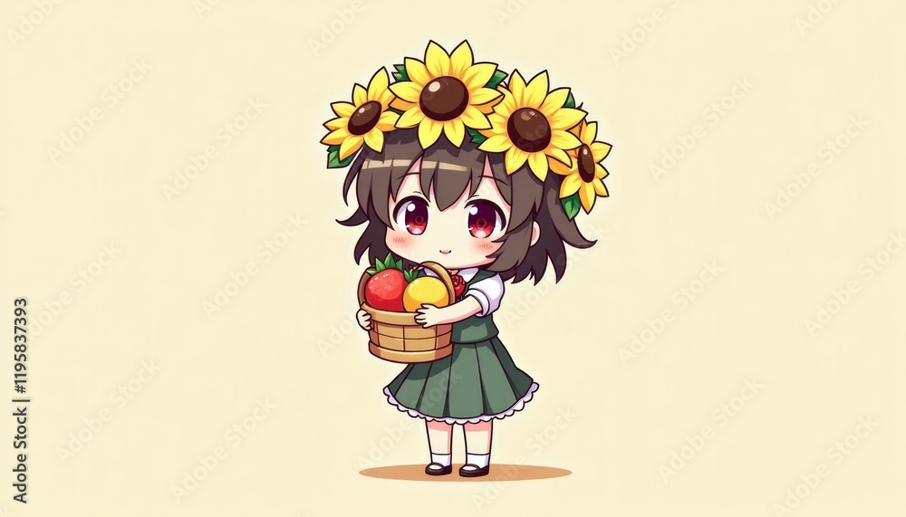 4K HD Wallpaper of Anime chibi girl with a sunflower crown, holding a ...