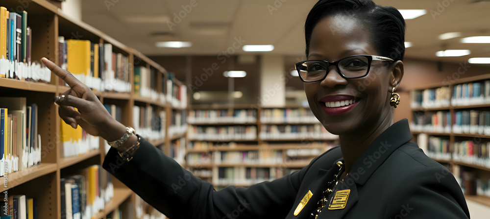 Smiling librarian pointing to a book, plain light background, open ...
