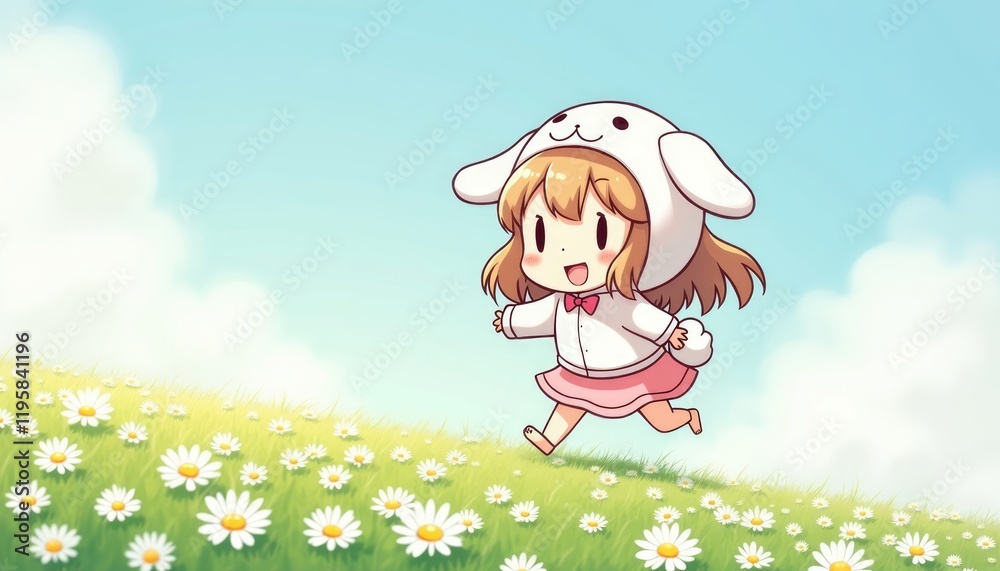 4K HD Wallpaper of Anime chibi girl with a bunny hood, hopping joyfully ...