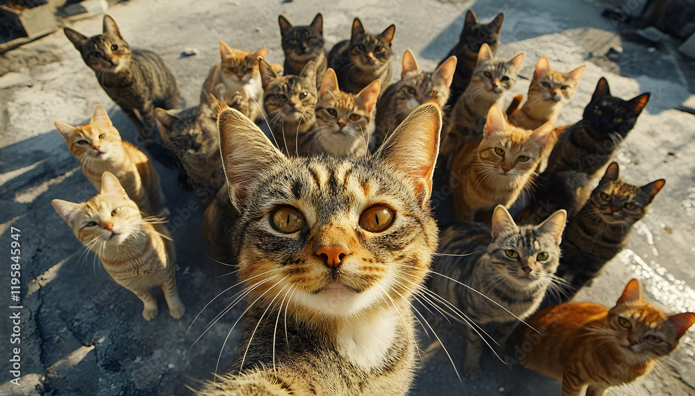 Lots of cats taking a selfie while using a wide-angle lens, realistic ...