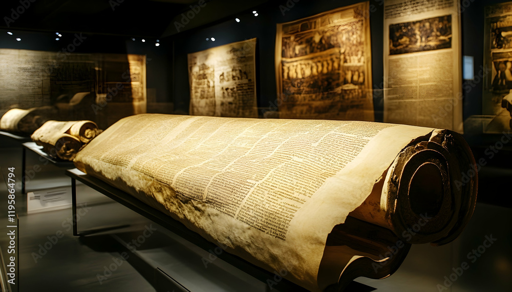 Historical facts displayed on ancient scrolls in a museum, facts ...
