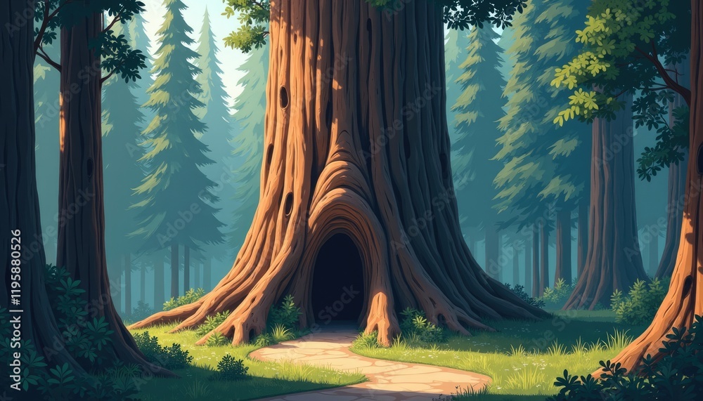 4K HD Wallpaper of A tall sequoia tree in an ancient forest. Anime ...