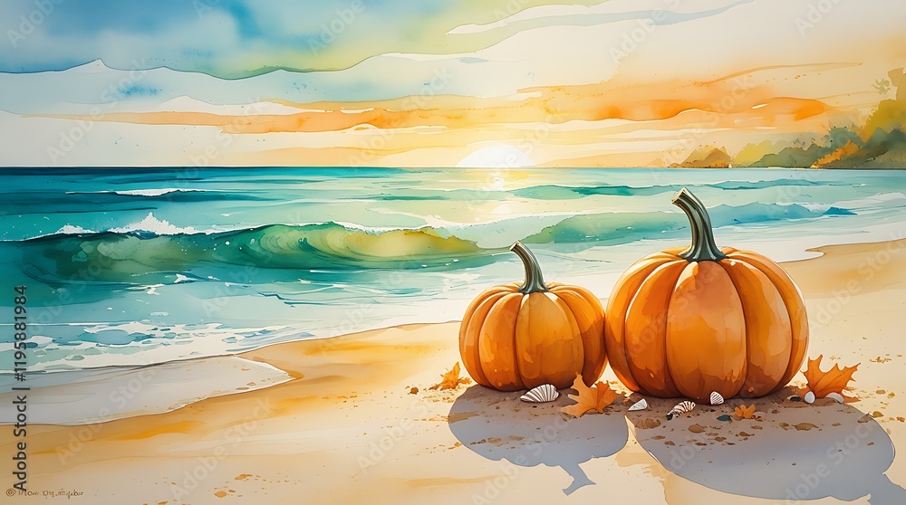 Autumn season composition. Pumpkin on the beach. Two pumpkins on sand ...