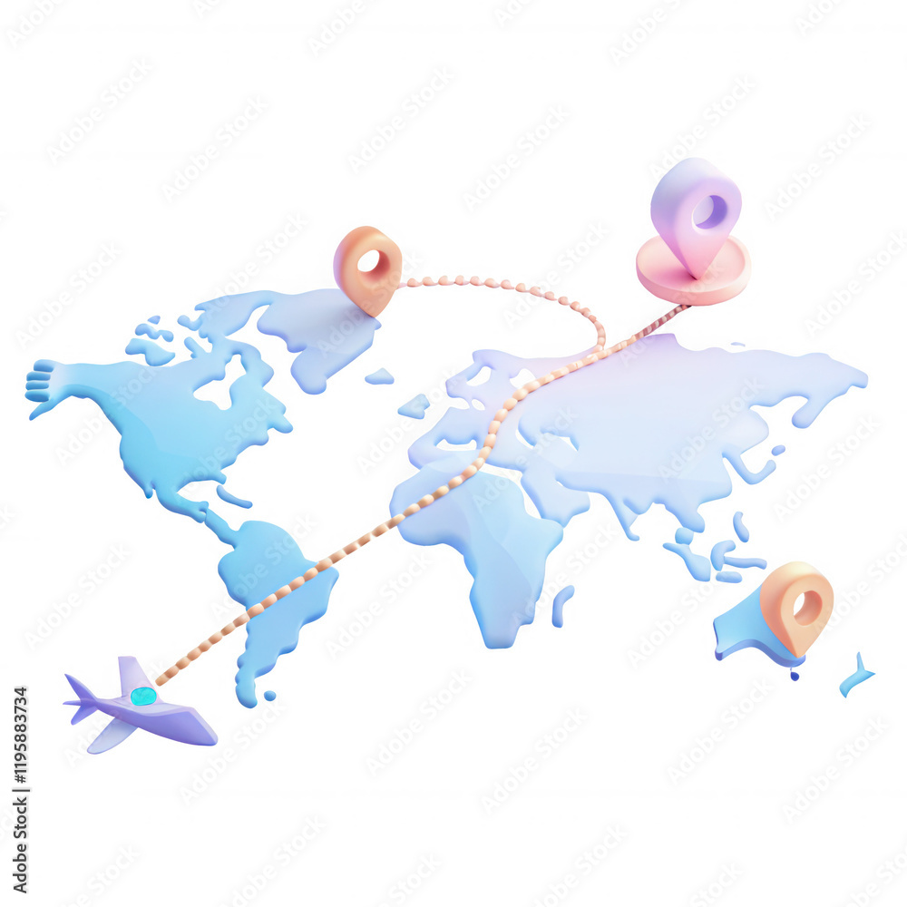 A vibrant 3D map featuring an airplane, travel markers, and a curvy ...