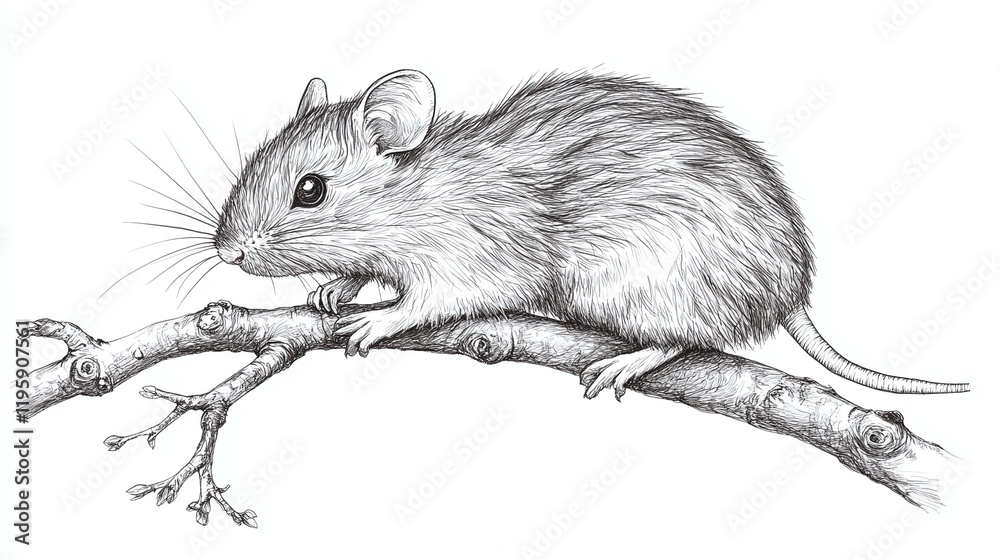 Rat, mouse or mice animal on a tree branch, pencil drawing, isolated on ...