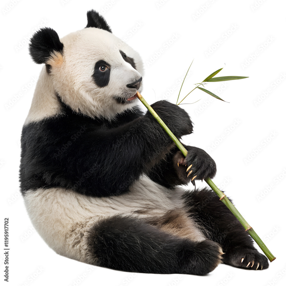Cute panda sitting and eating bamboo on a white background in a playful ...