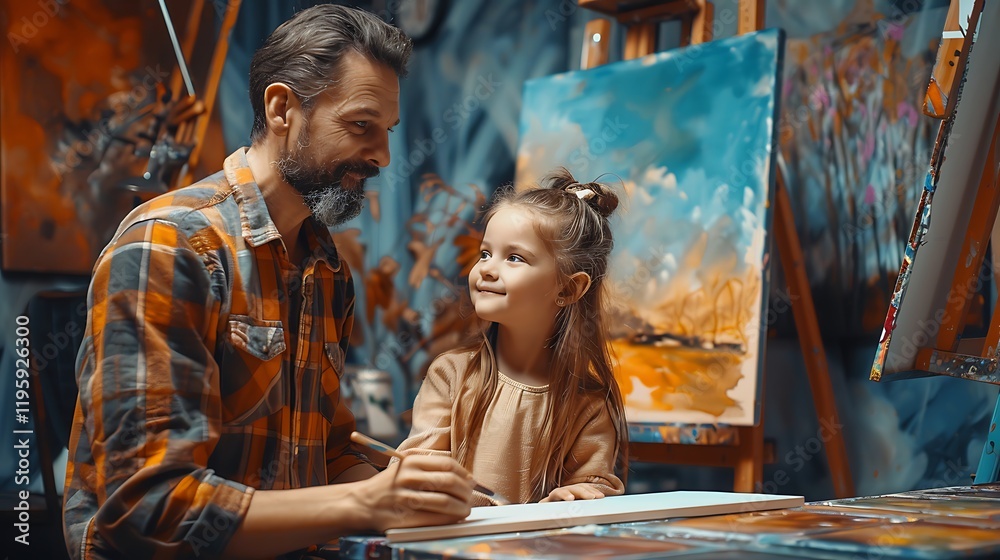 Kids have art class, drawing, painting with teacher in workshop. male ...