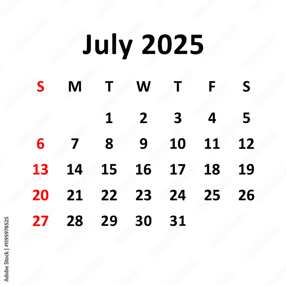 July 2025. Calendar with holydays or red dates. monthly calendar design ...