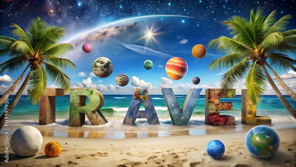 Word Travel agency logo Beach Ocean Sea Coast Palms Tourism Space Stars ...