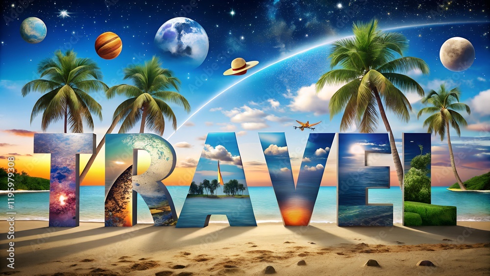 Word Travel agency logo Beach Ocean Sea Coast Palms Tourism Space Stars ...