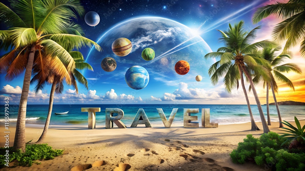 Word Travel agency logo Beach Ocean Sea Coast Palms Tourism Space Stars ...