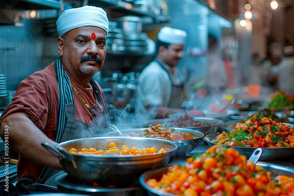Amidst the clatter of pots and pans, an Indian man expertly crafts ...