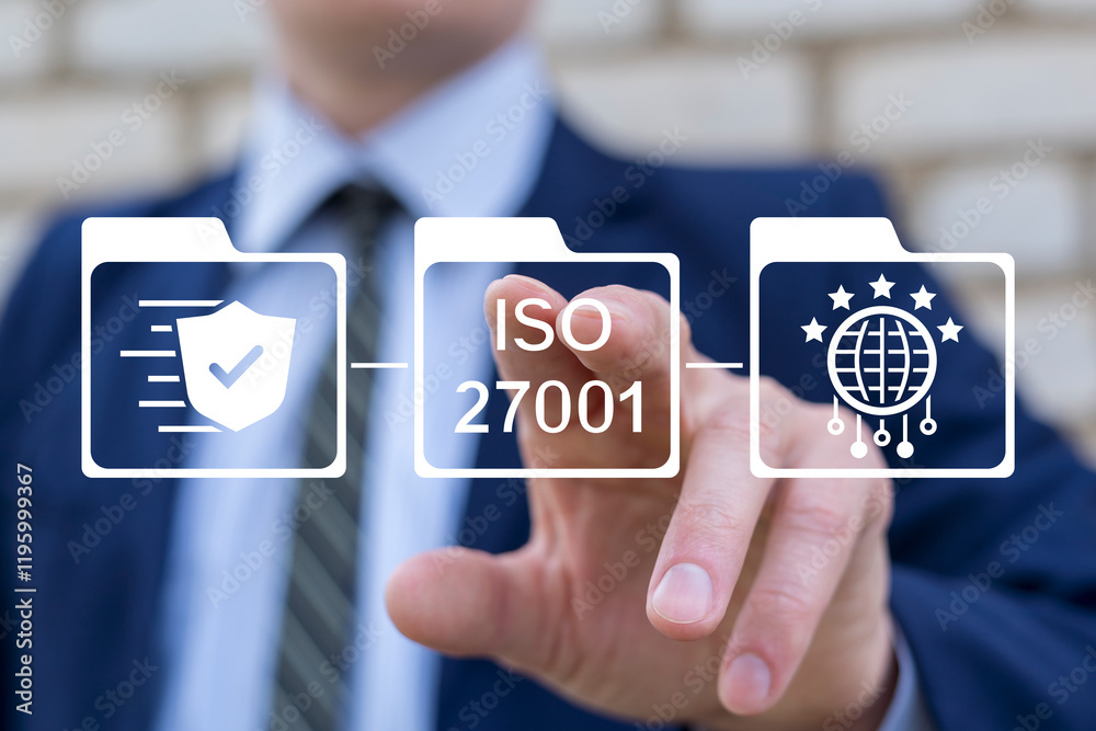 Person using virtual touch screen push button: ISO 27001. ISO 27001 ...