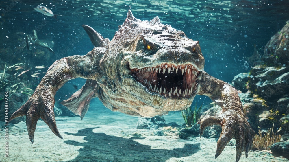 In the depths, a horrifying sea monster swims, a concept creature of ...