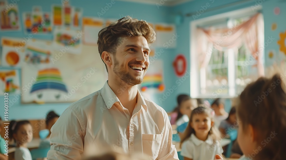 Caucasian young man teacher teaching student in classroom at school ...