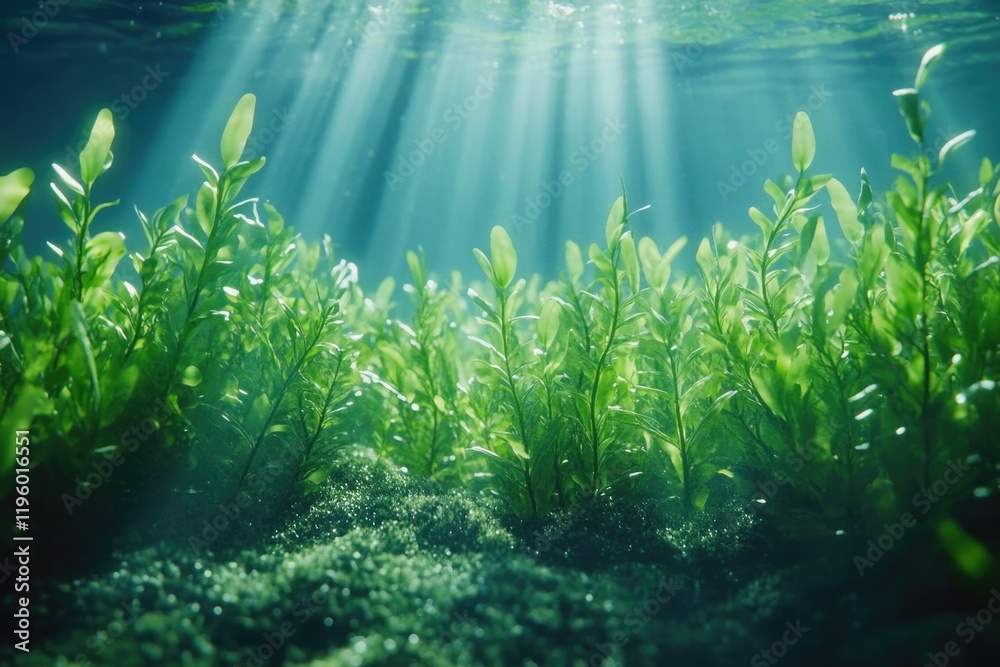 Underwater plants and algae in ocean depths. Divers can swim through ...