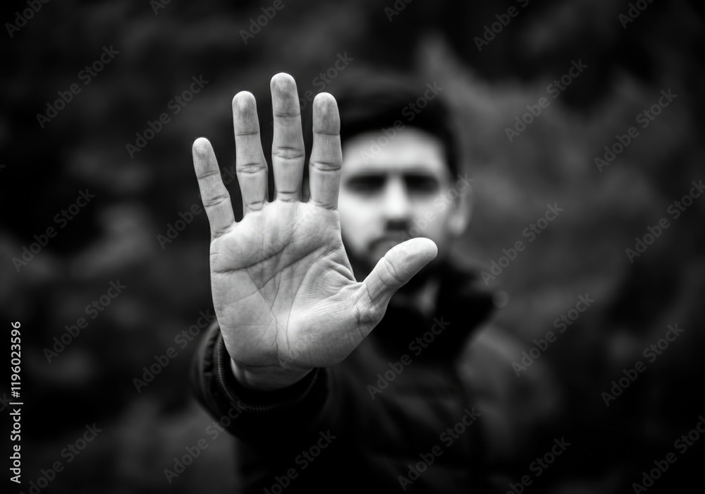 A black-and-white image of a man raising his hand in a stop gesture ...