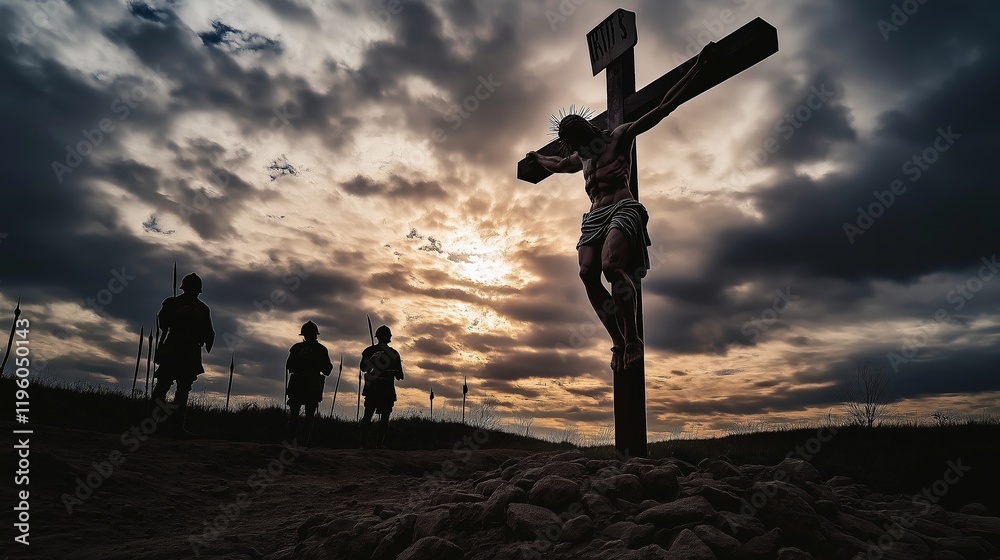 Jesus christ on the cross with roman soldiers watching at sunset Stock ...