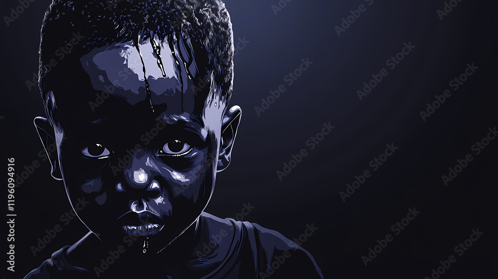 Little african black boy crying sadly. black background and empty copy ...