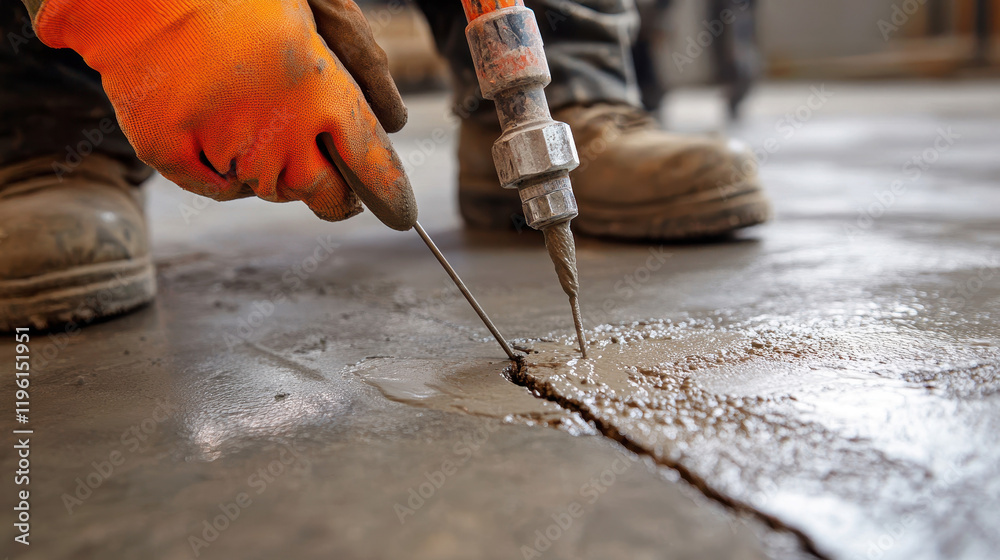 Construction worker using an industrial-grade concrete injection tool ...
