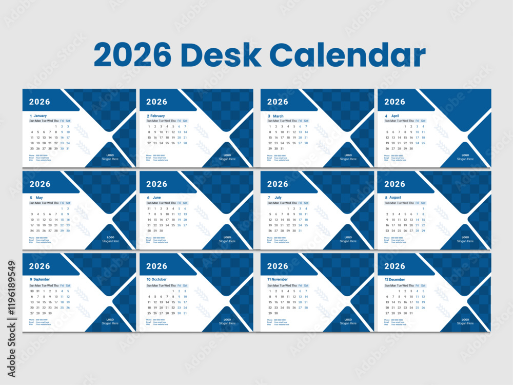 desk Calendar Template 2026 . The week starts on Sunday. Set of 12 ...