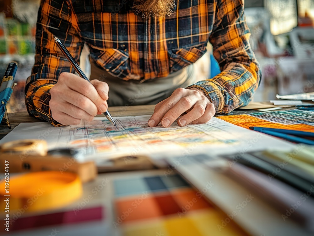 Close-up of a hands-on designer sketching a new fashion concept on ...
