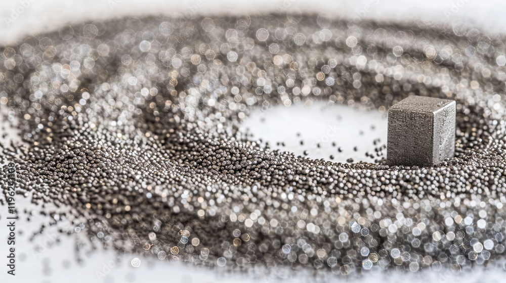 Iron filings forming circular patterns around a bar magnet on white ...