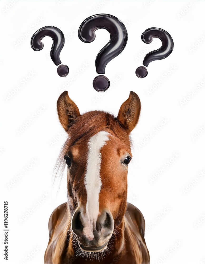 brown horse portrait with three question marks overhead the horse's ...