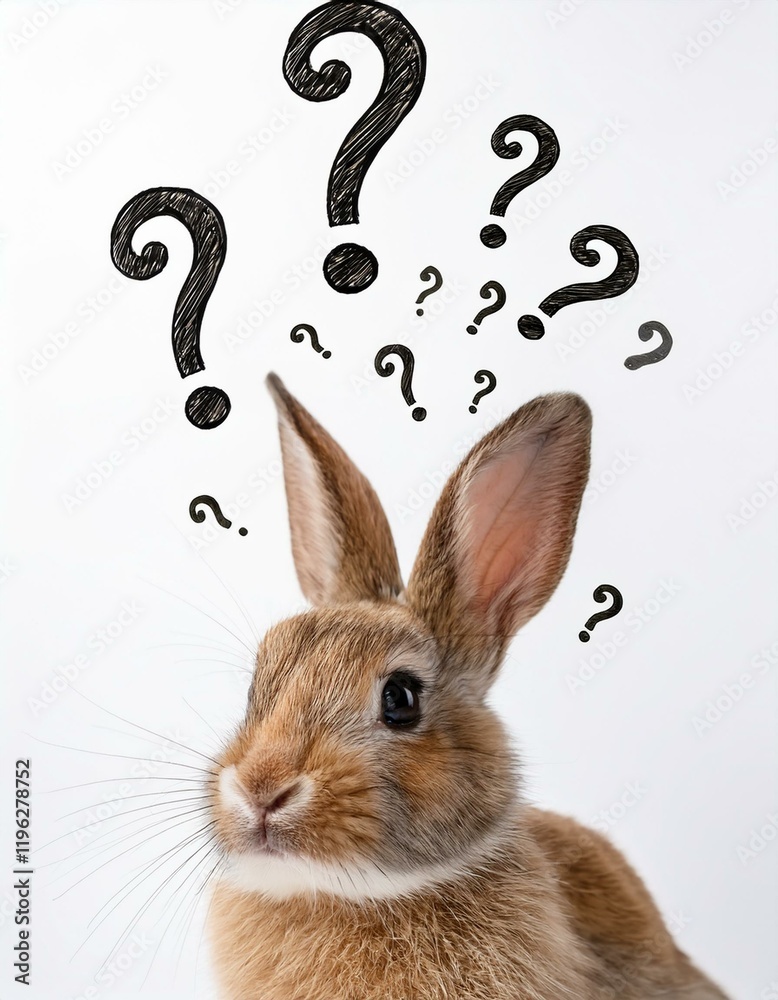 Cute brown bunny with question marks floating above on a white ...