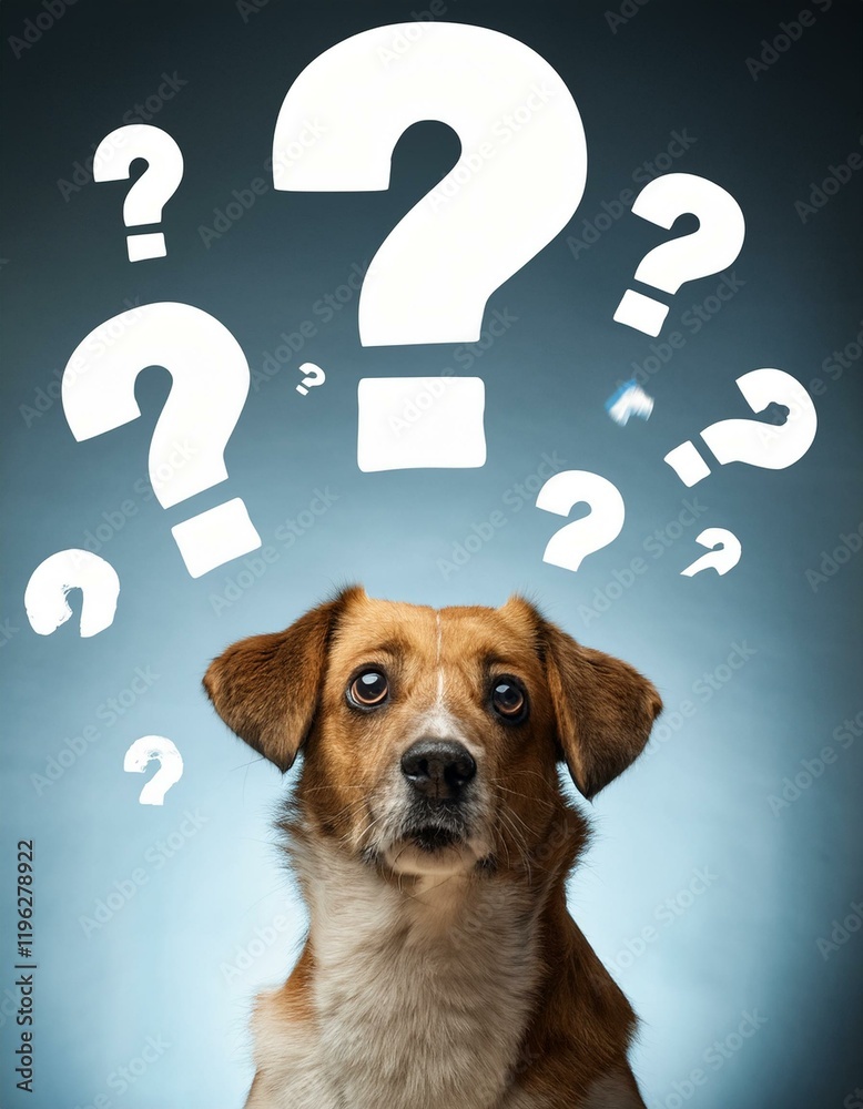 portrait of brown dog with white markings with question marks floating ...