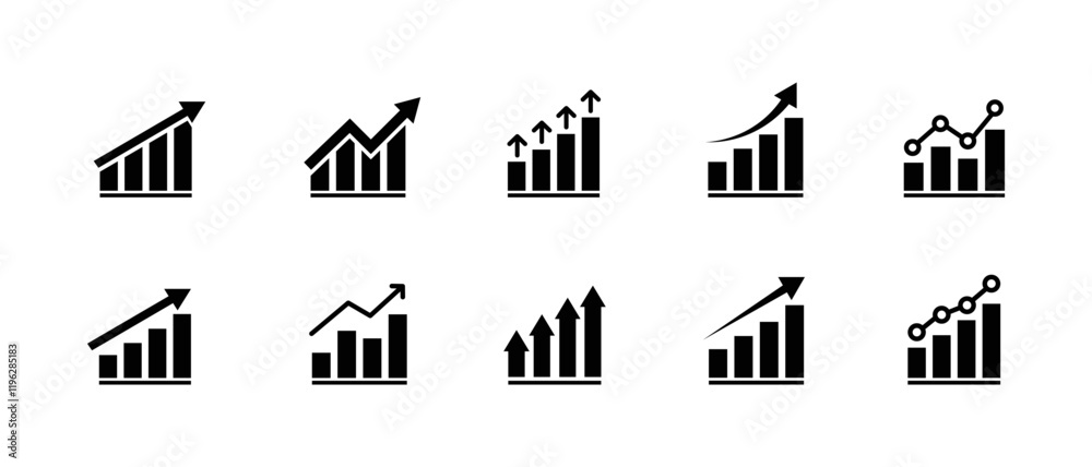 Set growth graphs charts line icons set. Data elements, bar and pie, diagrams for business ...