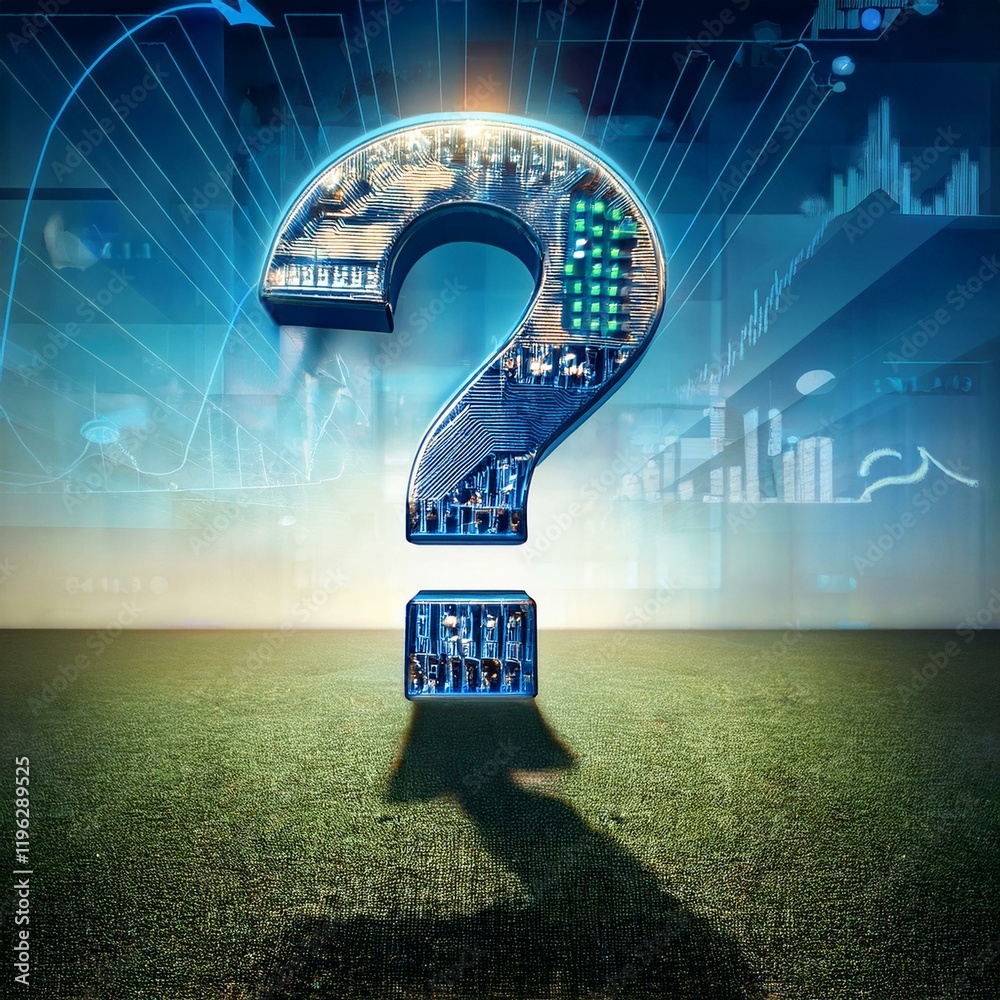 Large question mark with horizon and charts trending in the background ...