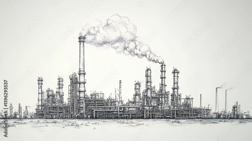 Detailed pen and ink drawing of a large industrial refinery with smoke ...