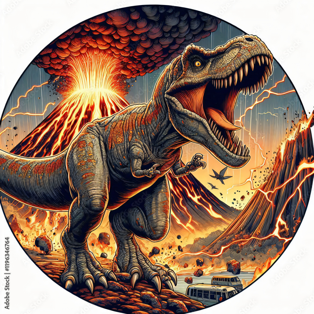 art of T-Rex roaring in front of a volcano eruption, digital comics ...