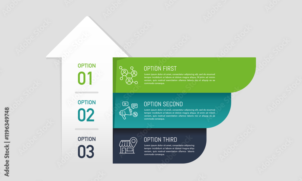 Upward arrow infographic with 3 options to success. Presentation, Data ...
