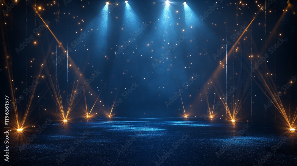 38.A luxurious stage with a deep blue background, illuminated by ...
