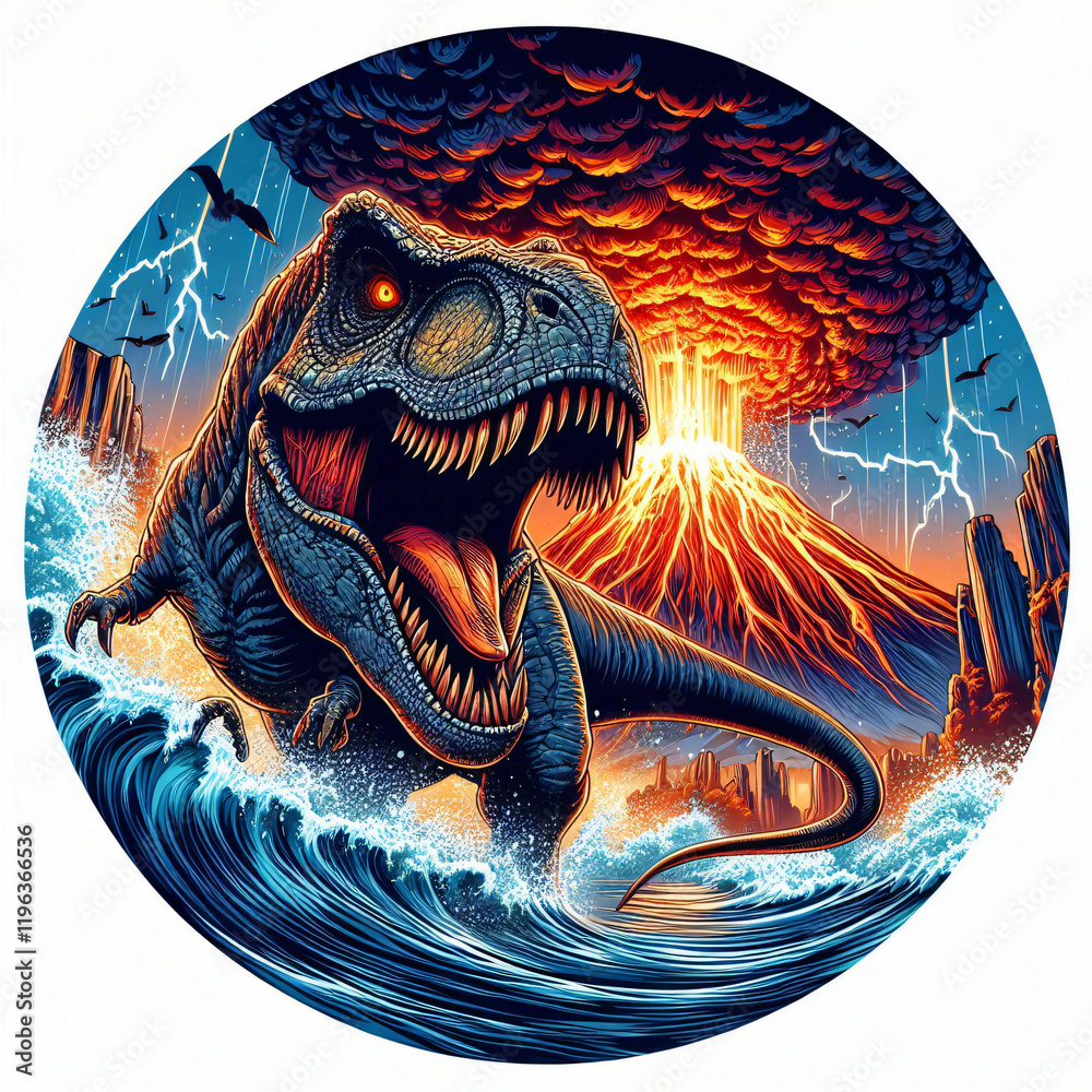 art of T-Rex roaring in front of a volcano eruption, digital comics ...