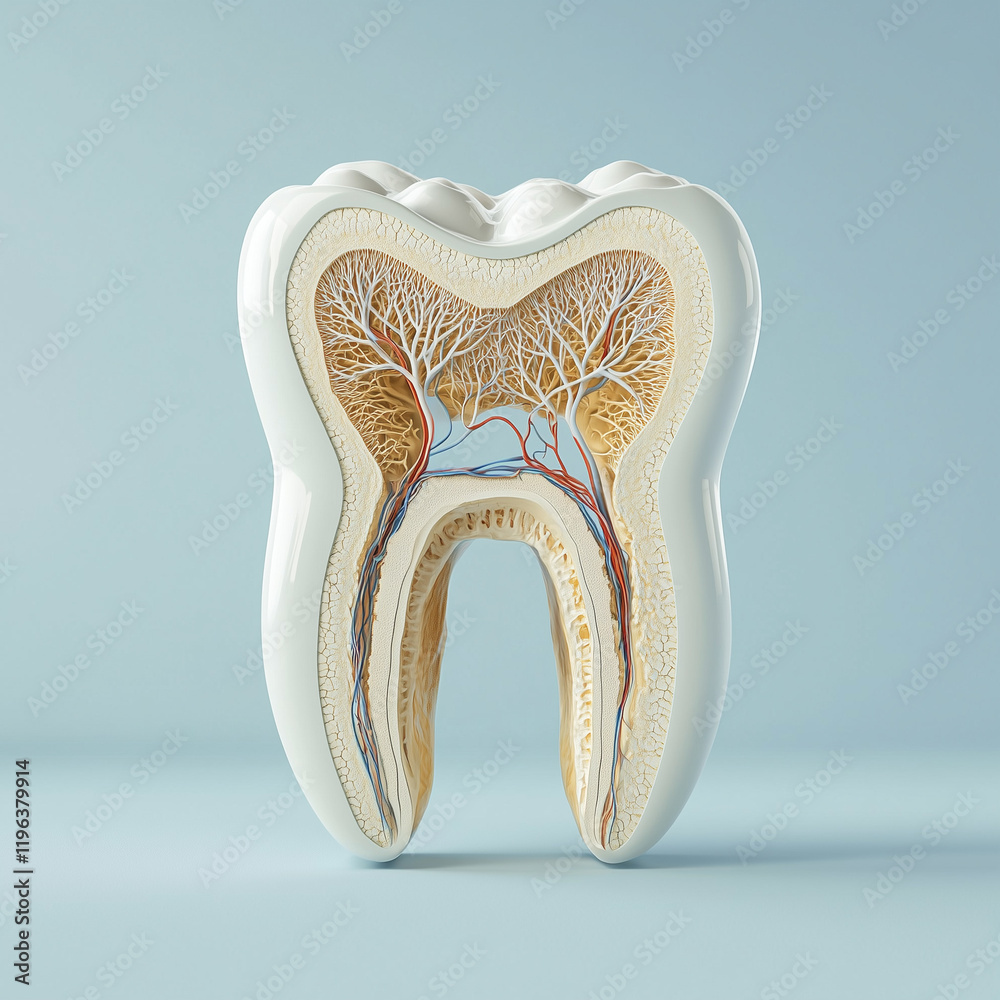 3D cross-sectional illustration of a human tooth showing detailed anatomy. Highlights enamel ...