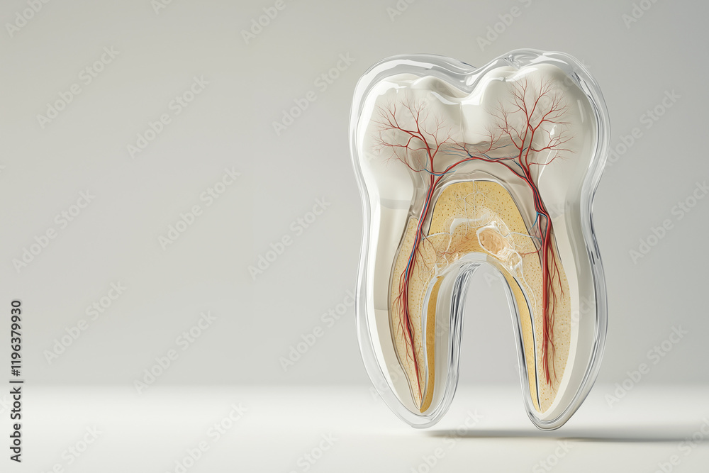 3D cross-sectional illustration of a human tooth showing detailed ...