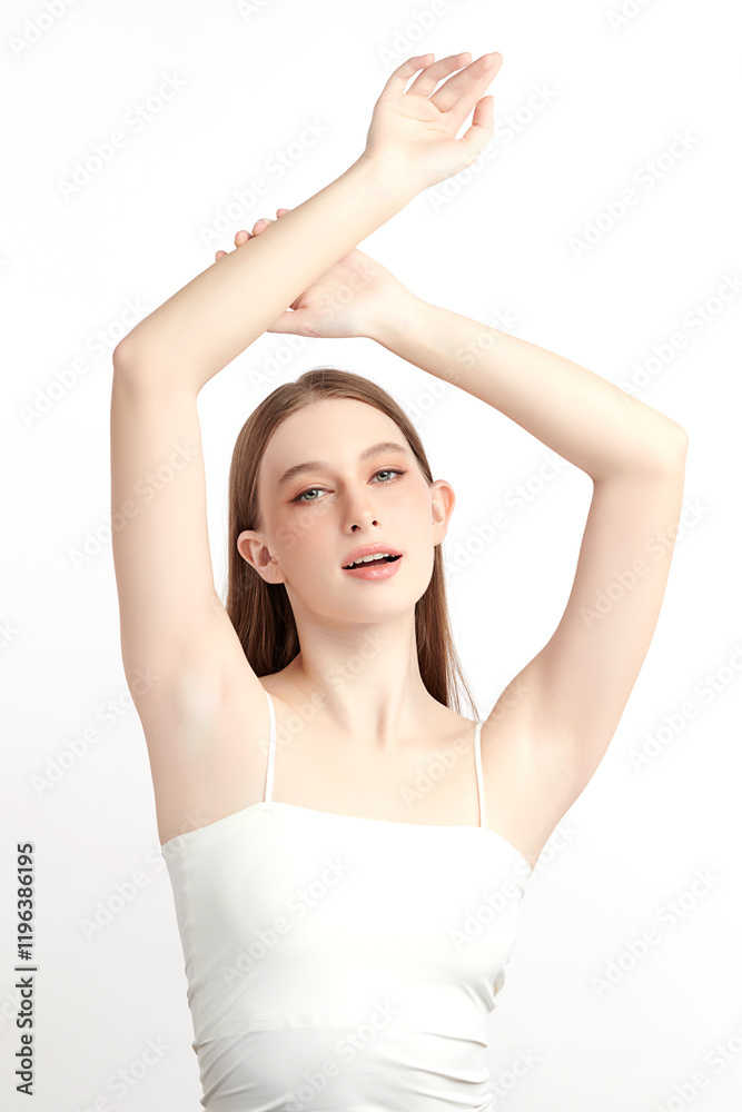 Beautiful Young woman lifting hands up to show off clean and hygienic ...