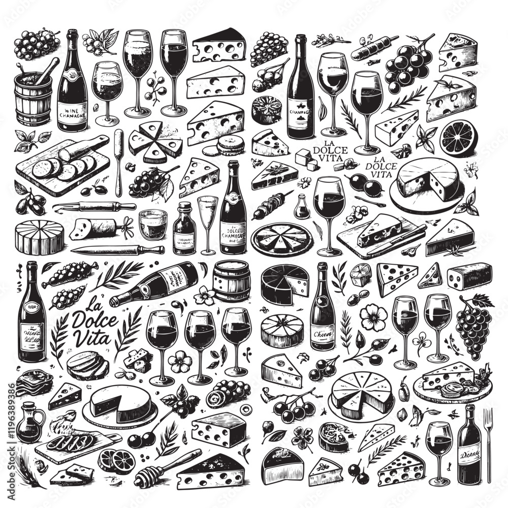 chalk food illustrations, wedding dinner icons, wine or champagne glass ...