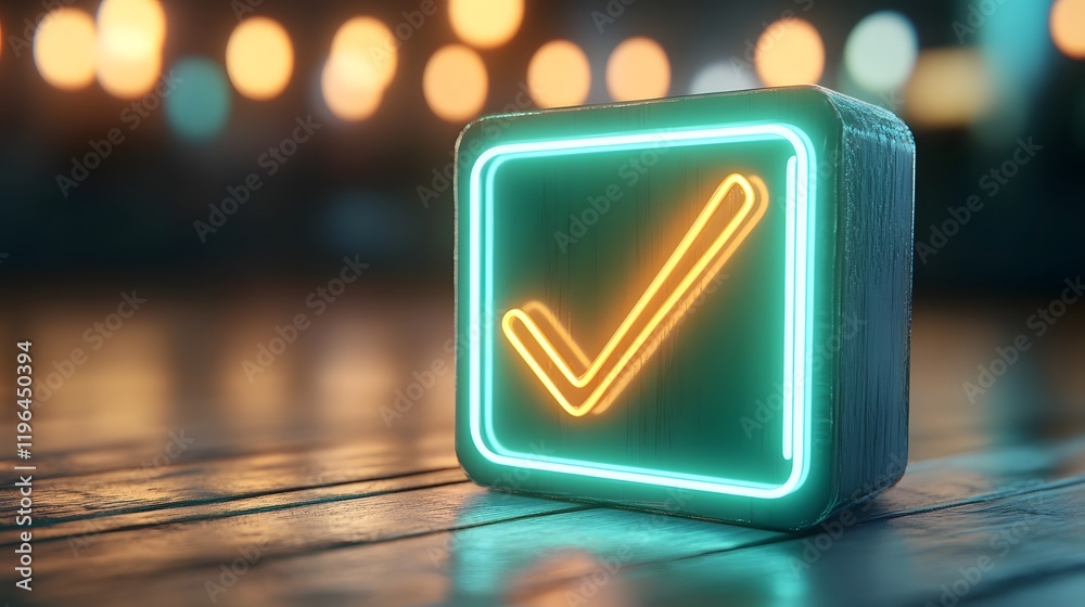 Glowing Neon Checkmark Icon in a Modern 3D Cube Representing Approval ...