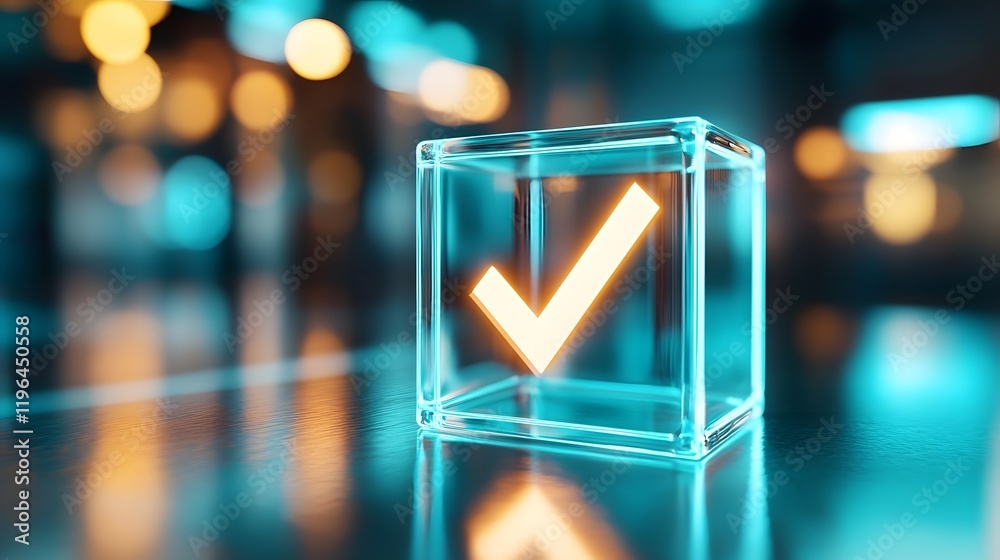 3D Glowing Checkmark Icon in Transparent Cube Representing Positive ...