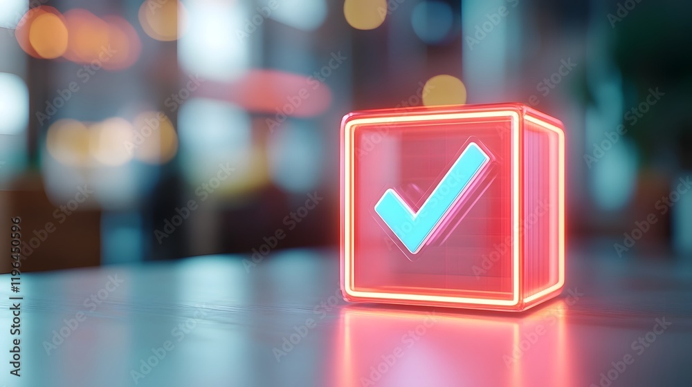Glowing 3D Checkmark Icon in Cube Representing Positive Outcomes and ...
