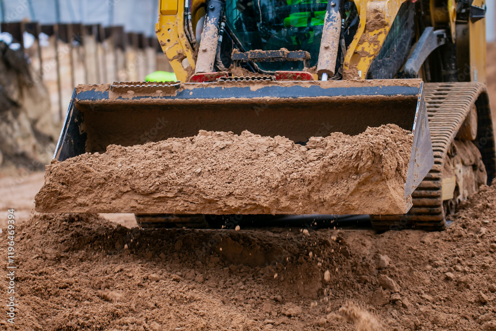 Track compact loader working in construction project leveling the ...