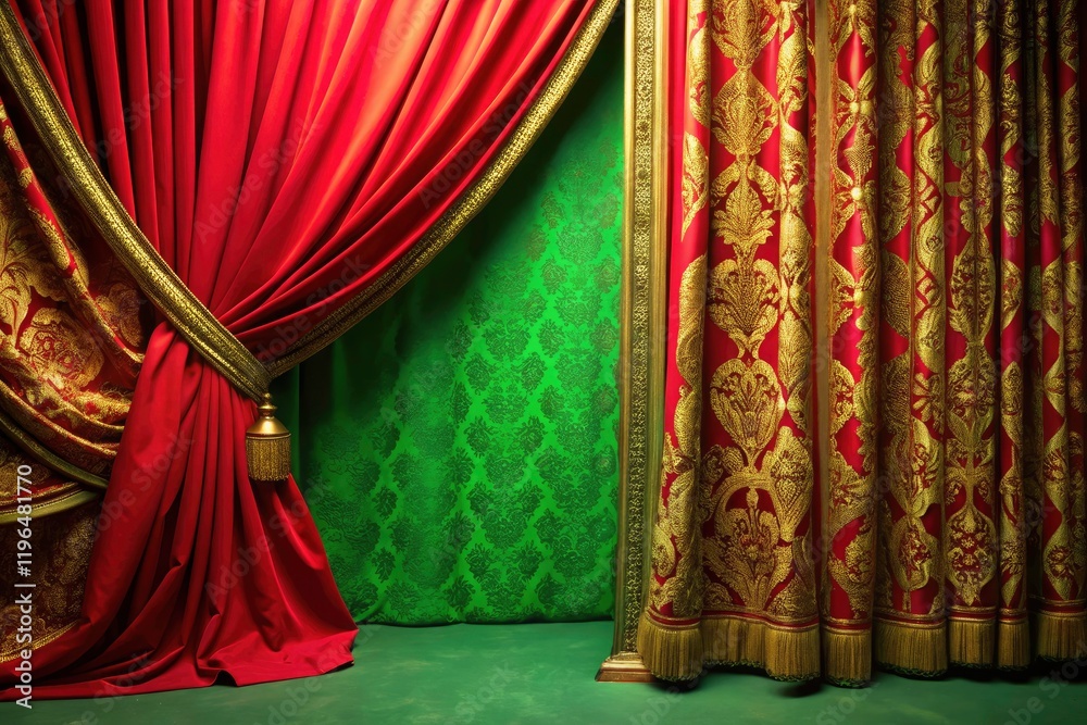 Panoramic Red Gold Curtain Green Screen Background, Stage Backdrop ...